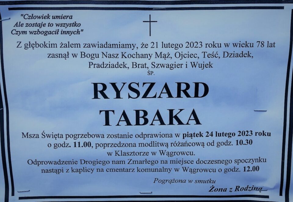 OSTATNIE POŻEGNANIE: Odszedł od nas Ryszard Tabaka • Okno na Wągrowiec