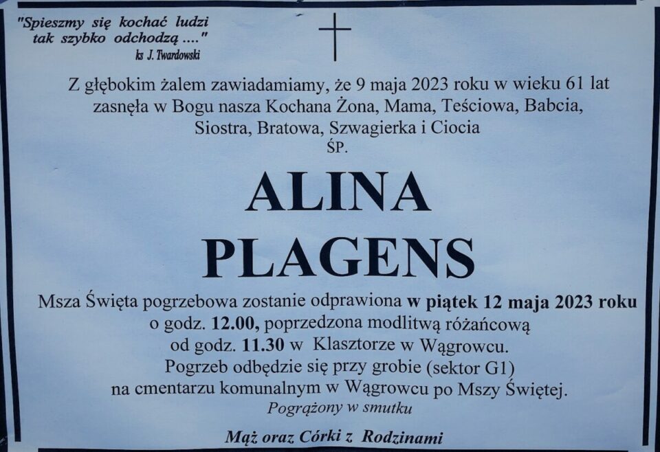 OSTATNIE POŻEGNANIE: Odeszła od nas Alina Plagens • Okno na Wągrowiec