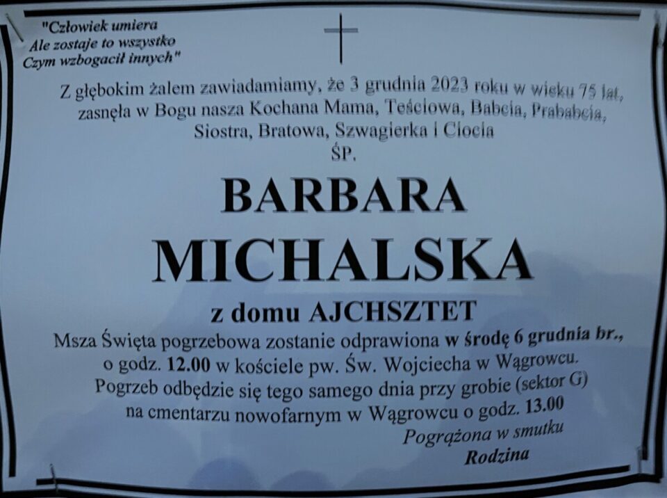 OSTATNIE POŻEGNANIE: Odeszła od nas Barbara Michalska • Okno na Wągrowiec