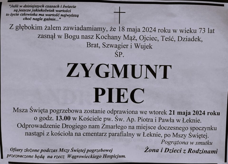 OSTATNIE POŻEGNANIE: Odeszli od nas Zygmunt Piec, Janina Maćkowiak • Okno na Wągrowiec